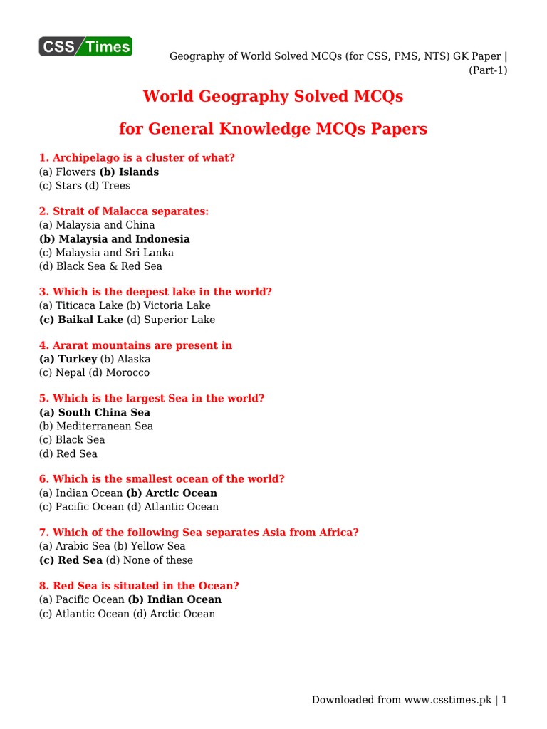 An Extensive Collection of Multiple Choice Questions on World Geography ...