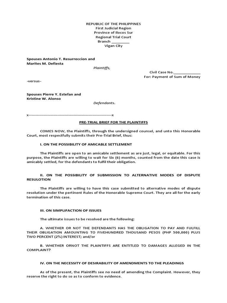 Pre-Trial Brief For The Plaintiffs | PDF | Lawsuit | Judgment (Law)