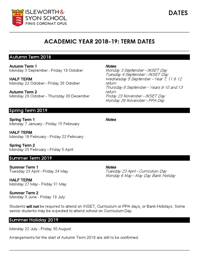 Academic Year 2018-19 Dates | PDF