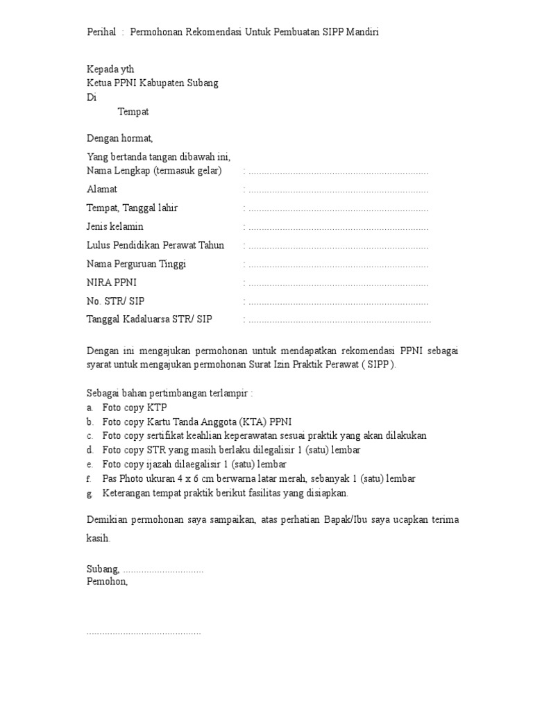 Surat Permohonan Rekomendasi SIPP | PDF