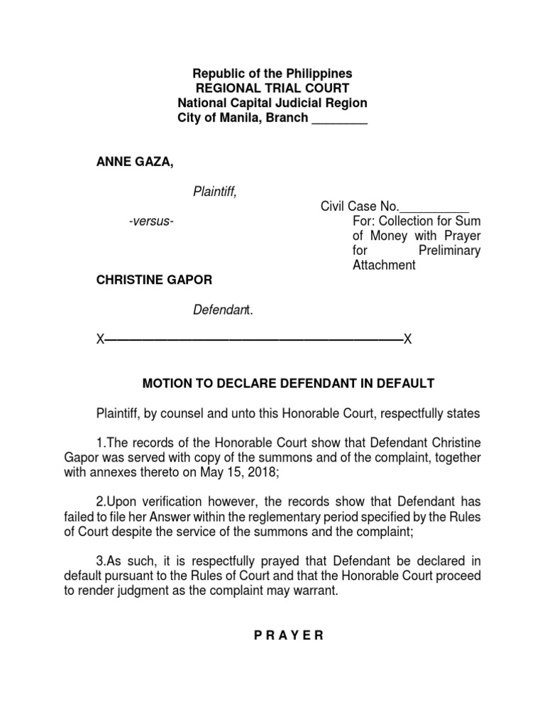 v1. Motion To Declare Defendant in Default | PDF | Complaint | Lawsuit