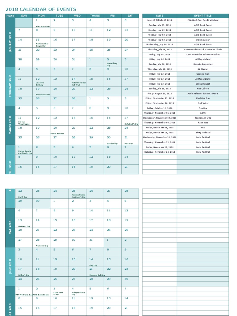 2018 Calendar of Events: SUN MON Tues WED Thurs FRI SAT Date Event ...