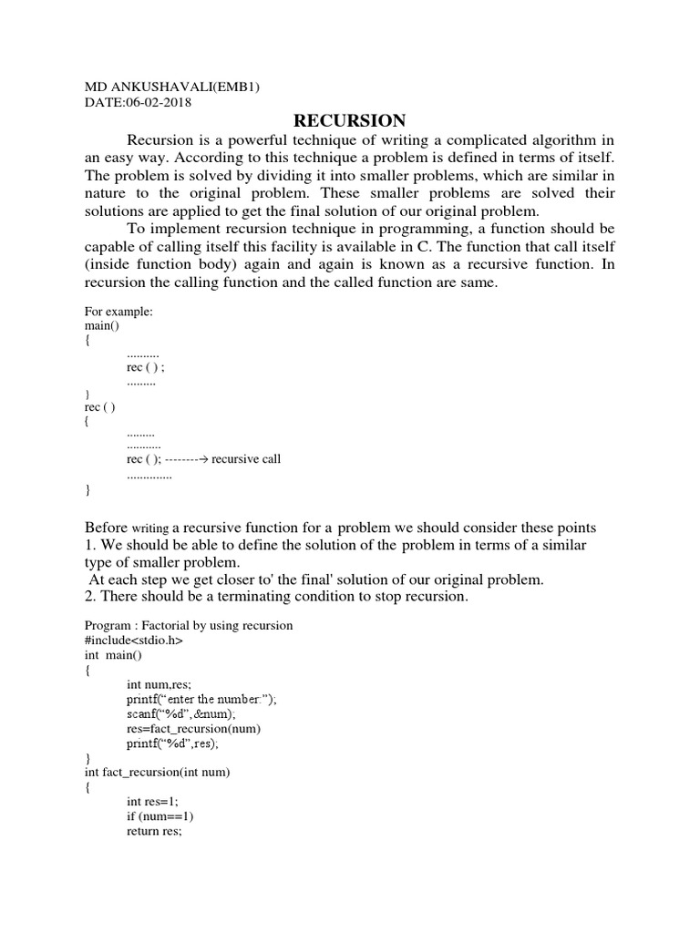 Recursion: MD Ankushavali (Emb1) DATE:06-02-2018 | PDF | Recursion ...