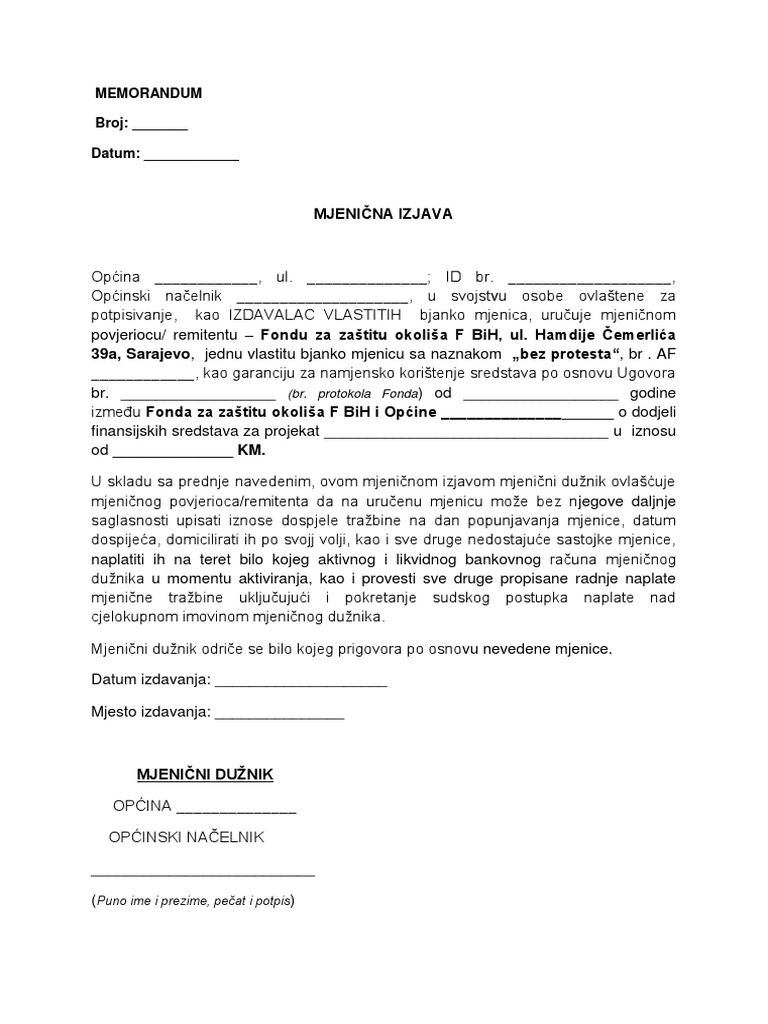 Urnek Mjenicne Izjave | PDF