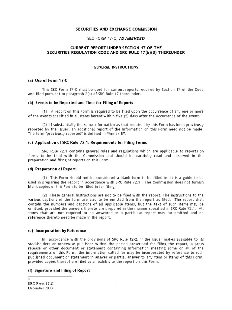 SEC Form 17 C As Amended | PDF | Securities (Finance) | Mergers And ...