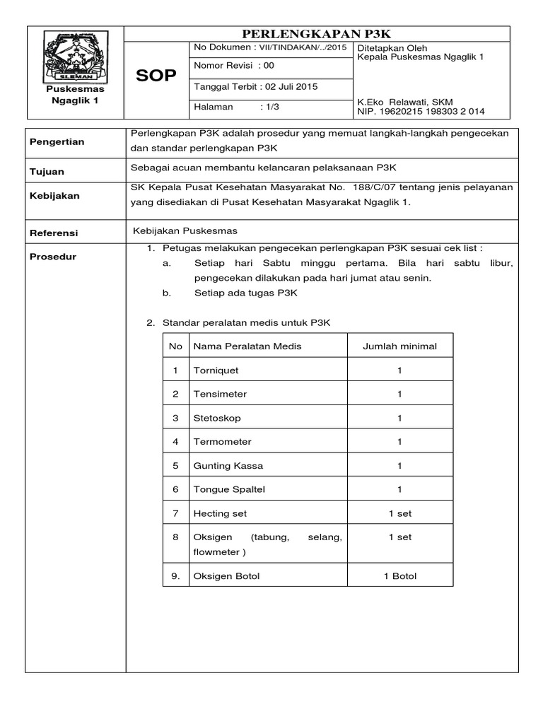 SOP. Perlengkapan P3K | PDF