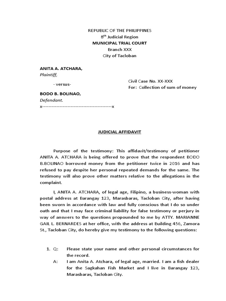 Judicial Affidavit Sample | PDF | Affidavit | Perjury