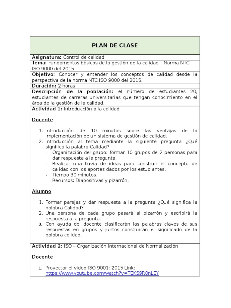 Actividad 3 Plan Clase | PDF | Iso 9000 | Gestión de la calidad