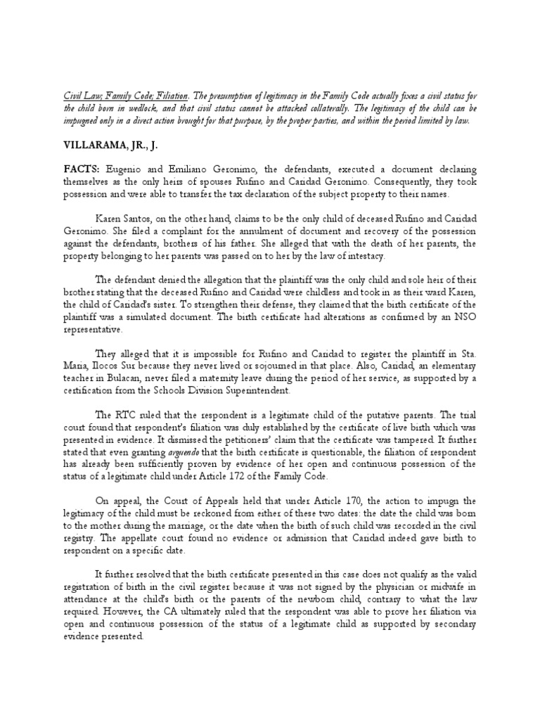 Secondary Evidence Admissible to Prove Filiation Despite Existence of ...