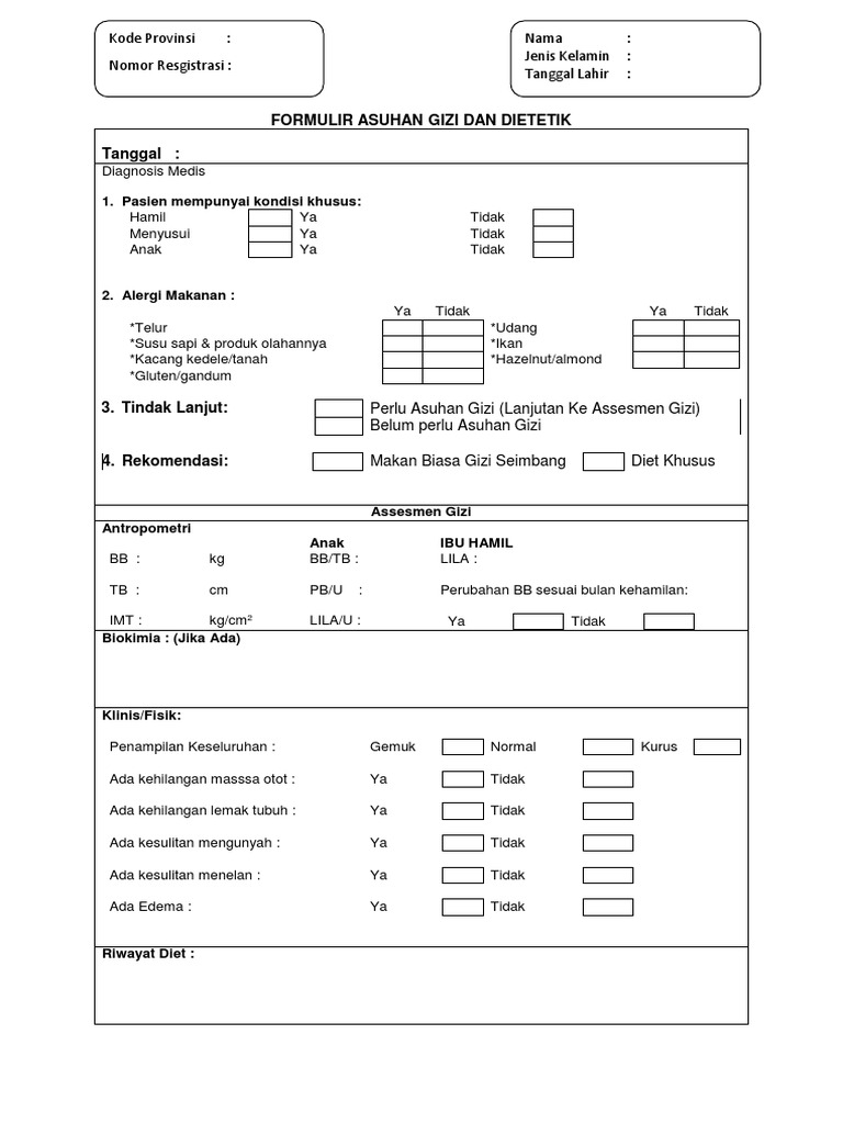 Formulir Asuhan Gizi Dan Dietetik | PDF