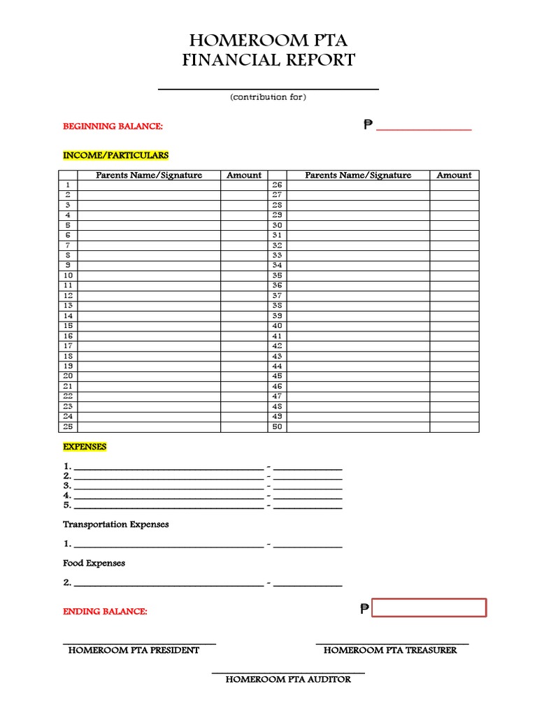 Homeroom Pta Financial Report | PDF | Economies | Business