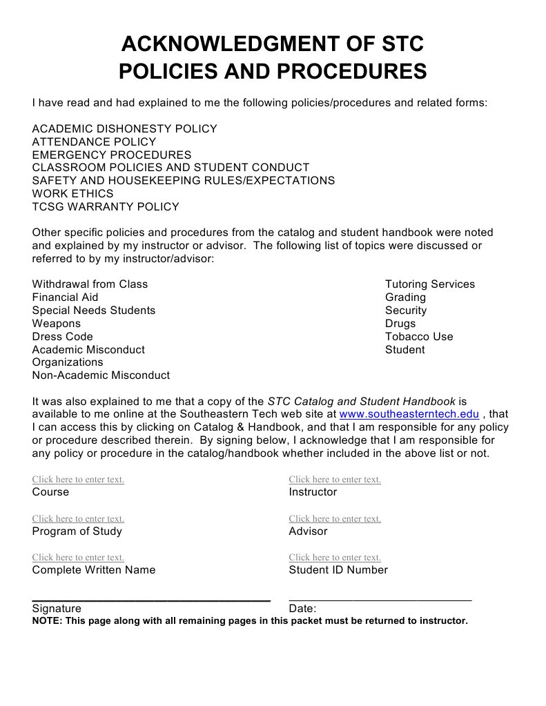 Acknowledgment of STC Policies and Procedures: WWW - Southeasterntech ...