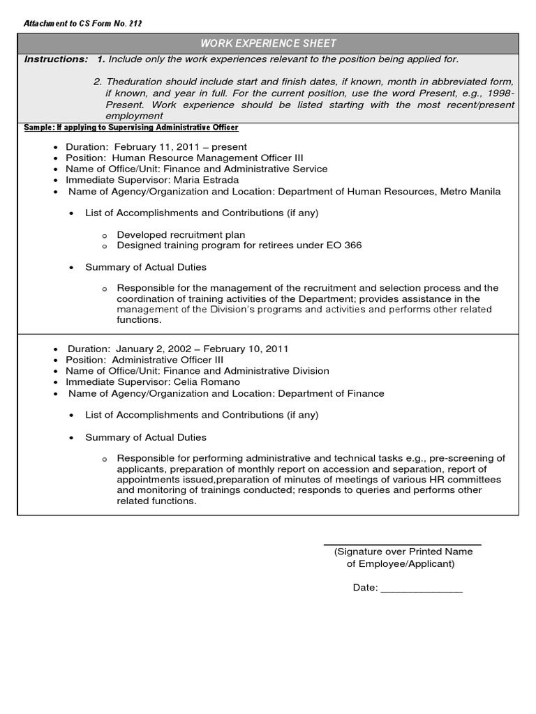 Work Experience Sheet Guidelines | PDF | Human Resource Management ...