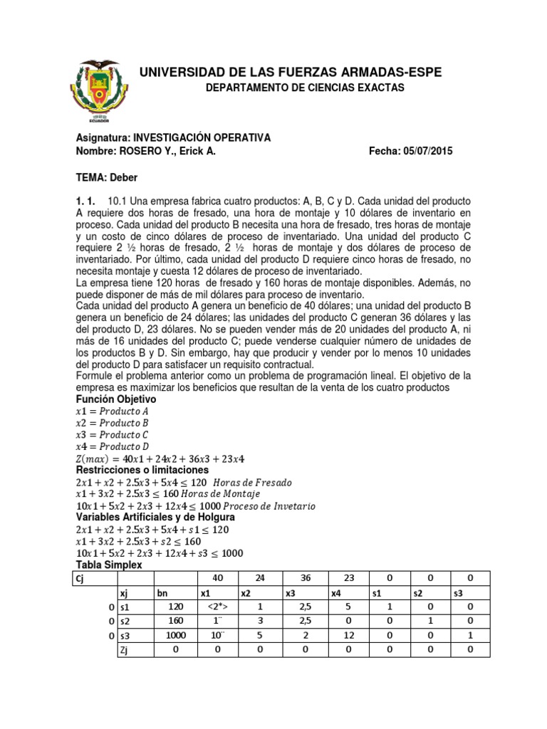 Deber Metodo Simplex | PDF | Programación lineal | Nutrición