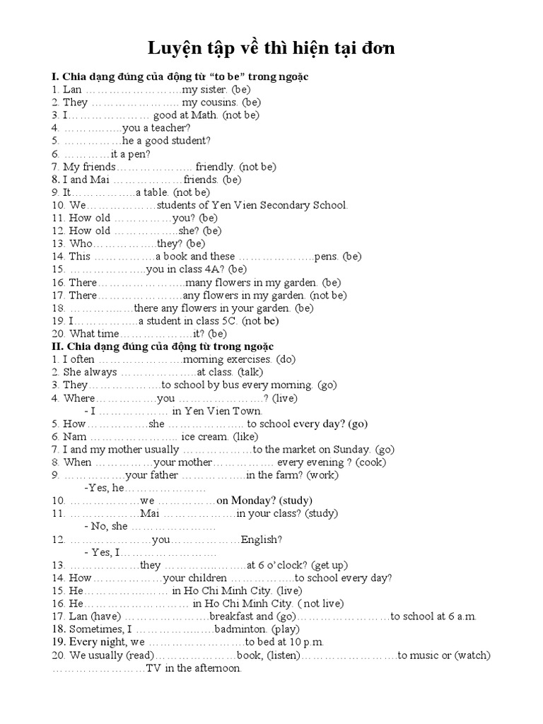 Luyen Tap Ve Thi Hien Tai Don | PDF