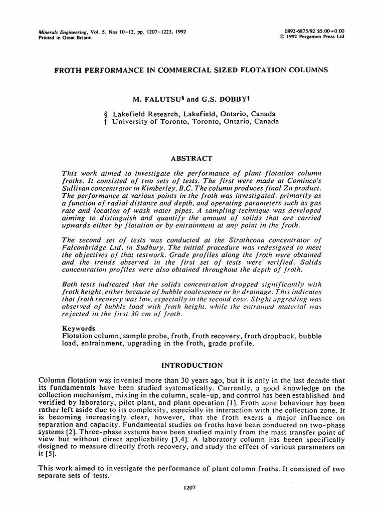 Froth Performance in Commercial Sized Flotation Columns | PDF | Foam ...