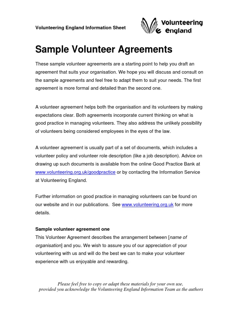 Sample Volunteer Agreements Guide | PDF | Volunteering | Employment