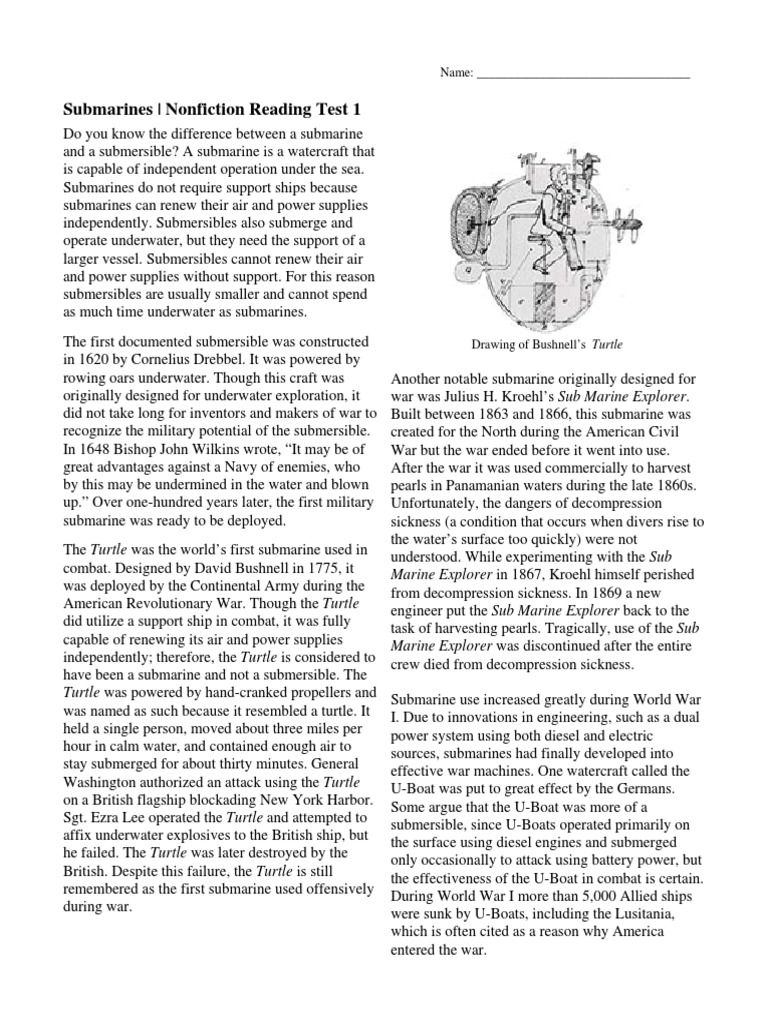 Submarines Nonfiction Reading Test 1 PDF | PDF | Submarines | U Boats