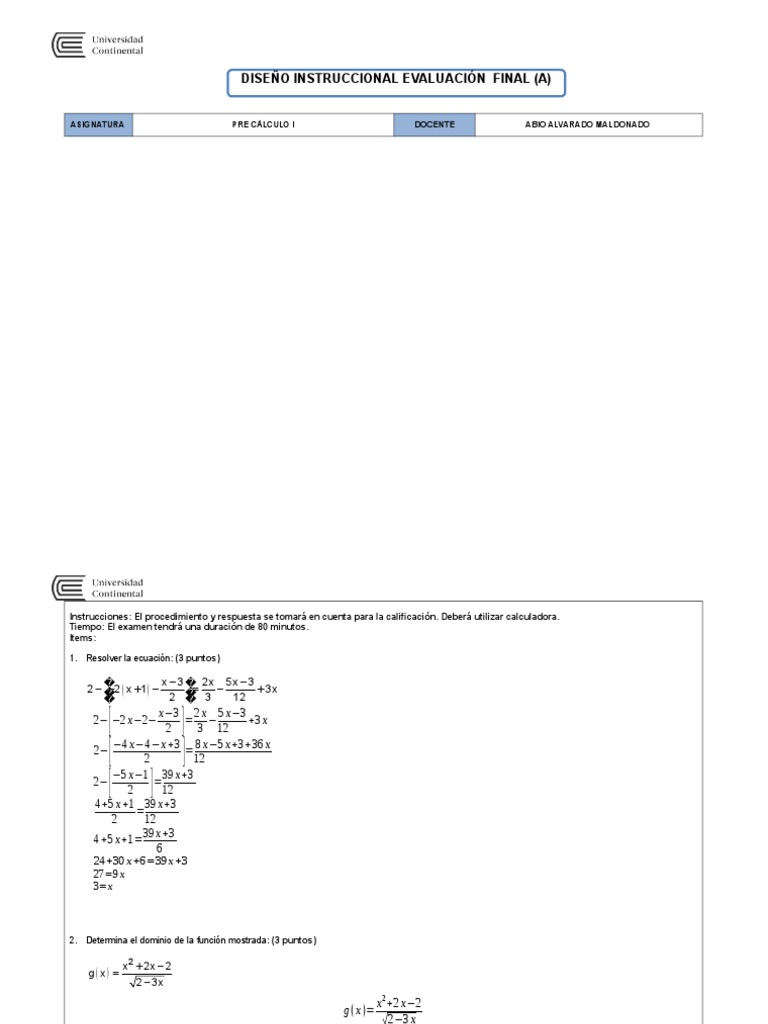 Examen Resuelto Pre Cálculo I | PDF | Análisis matemático | Objetos ...