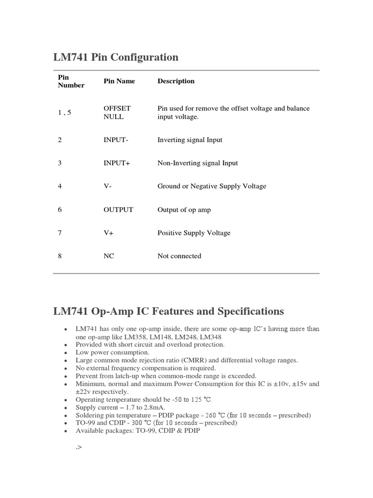 LM741 Pin Configuration | Download Free PDF | Operational Amplifier ...