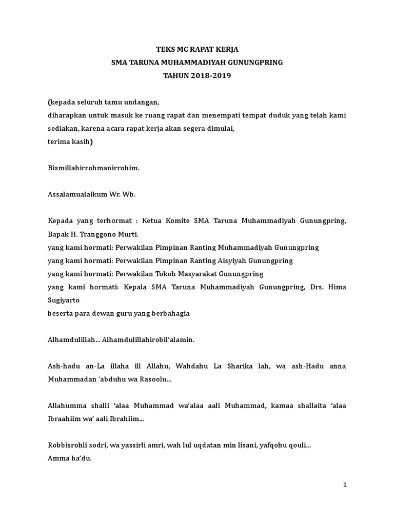 Teks MC Rapat Kerja Sekolah 2018-2019 | PDF | Agama & Spiritualitas