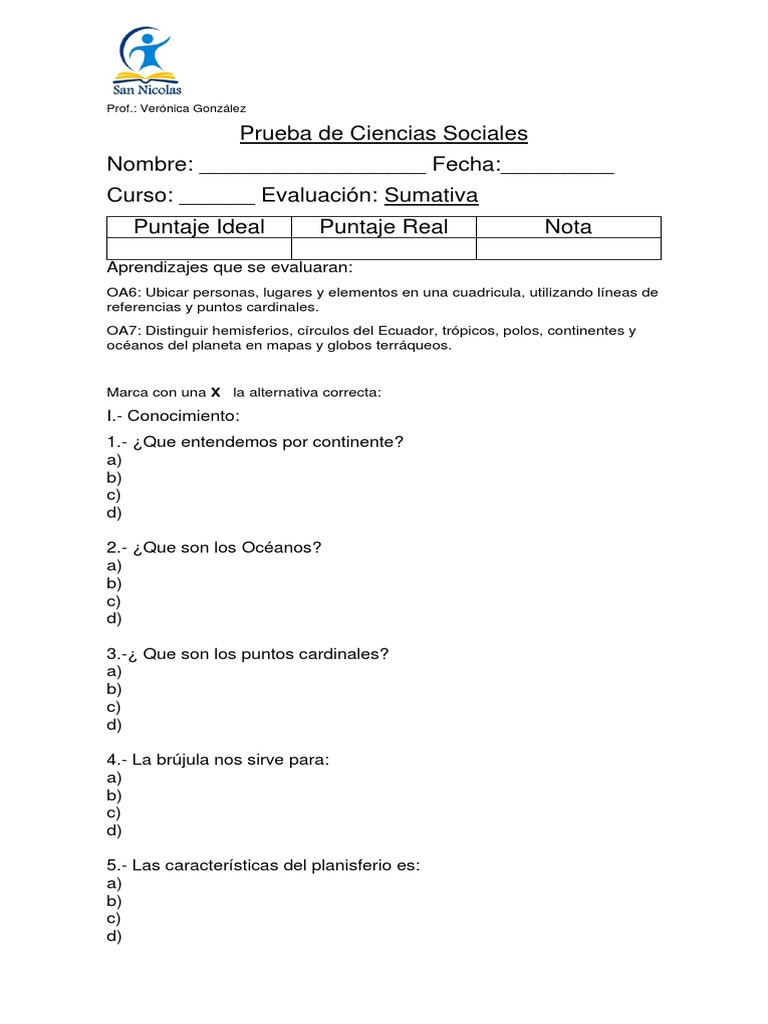 Prueba de Ciencias Sociales Unidad Globo Terraqueo 3° Basico | PDF