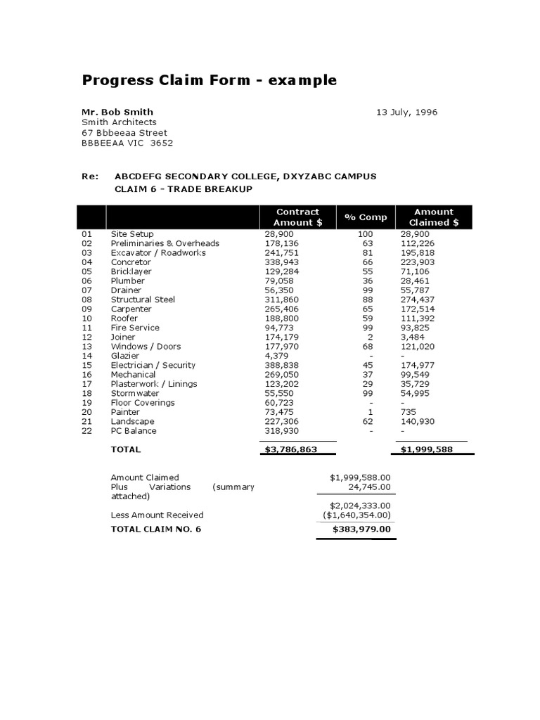 Progress Claim Form - Example: Mr. Bob Smith | PDF | Buildings And ...