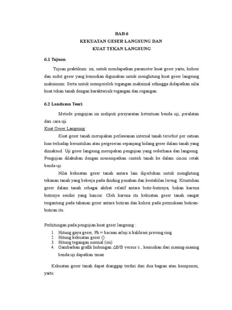 Bab 6 Kuat Geser Langsung Dan Kuat Tekan Bebas | PDF | Sains ...