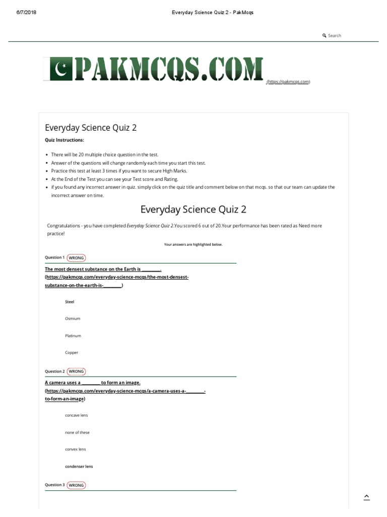 Everyday Science Quiz 2 - PakMcqs PDF | PDF | Water | Chemistry