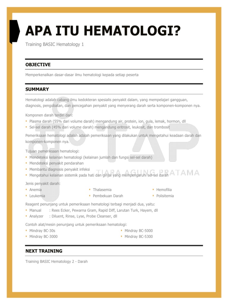 Training Hematology - Apa Itu Hematologi? (Summary) | PDF