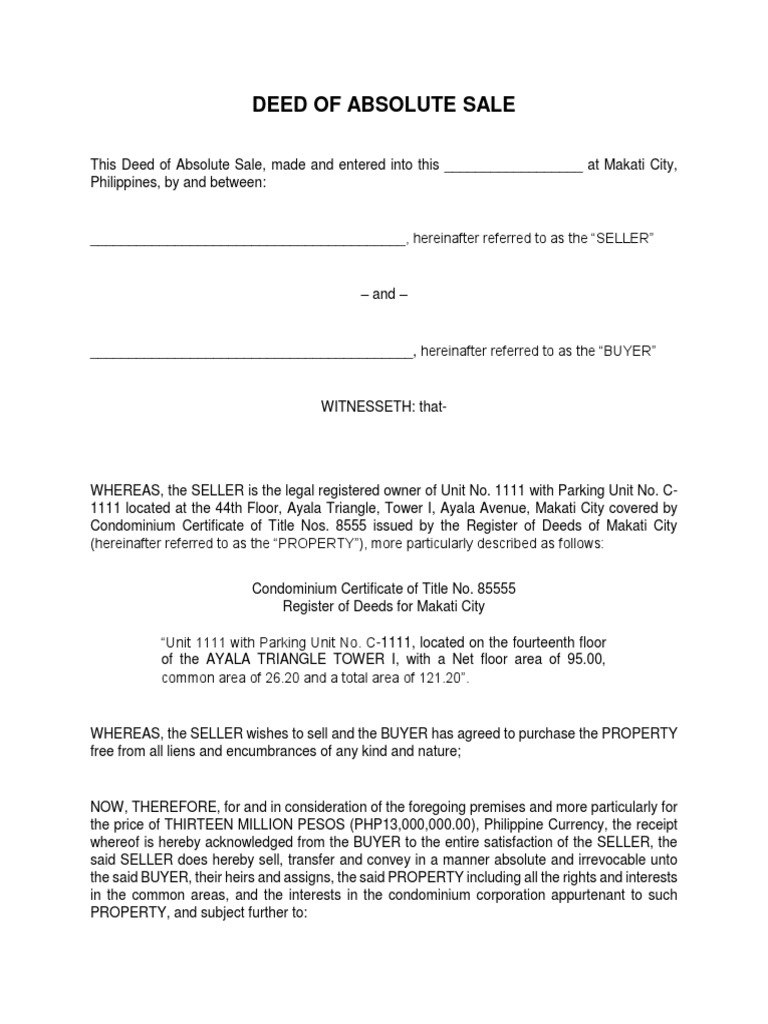 Deed of Absolute Sale for Condominium Unit | PDF | Deed | Condominium