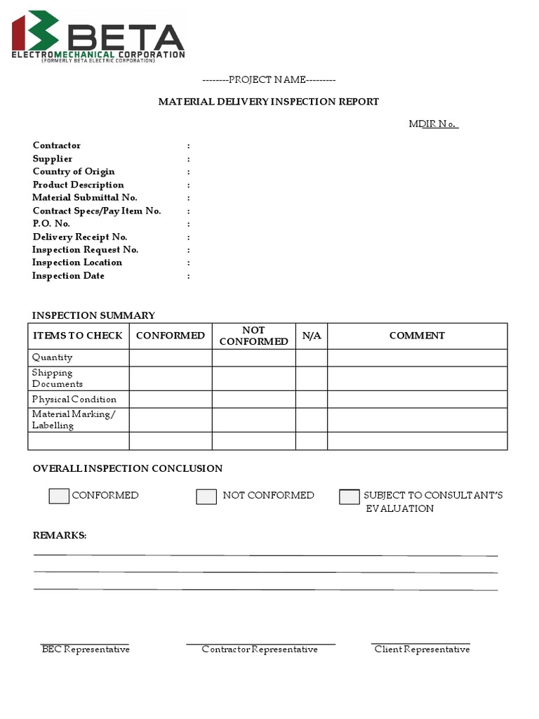 Material Delivery Inspection Report | PDF