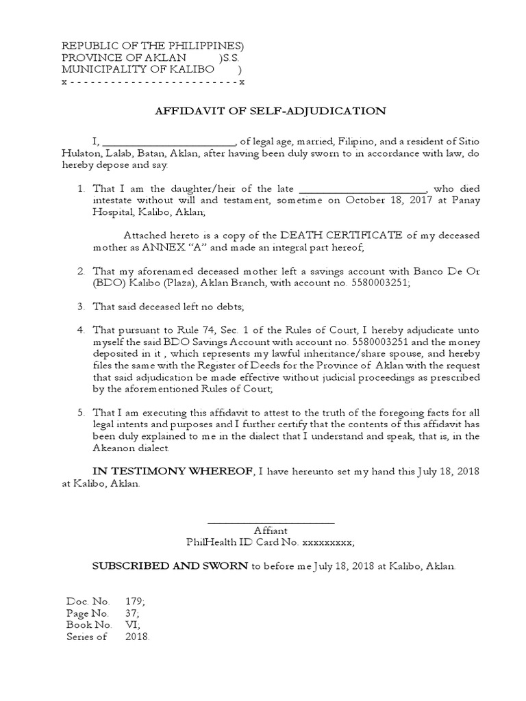 Affidavit of Self-Adjudication bank deposit