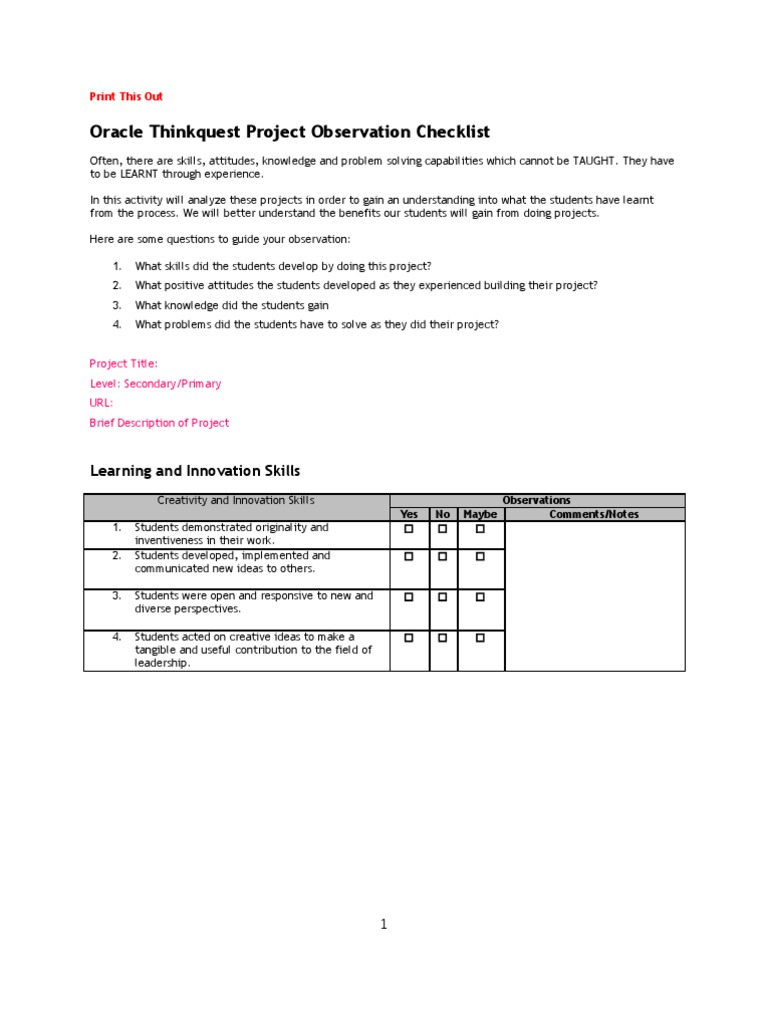 Oracle Thinkquest Project Observation Checklist: Learning and ...