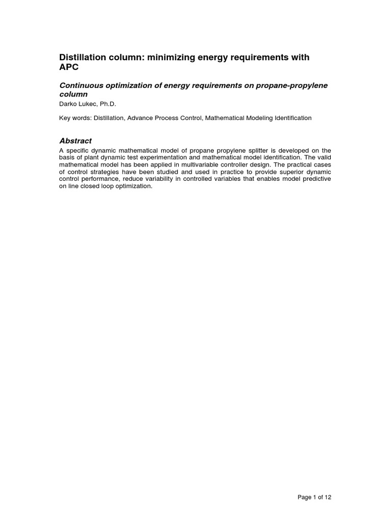 Distillation Column Minimizing Energy Requirements With APC | PDF | Distillation | Mathematical ...