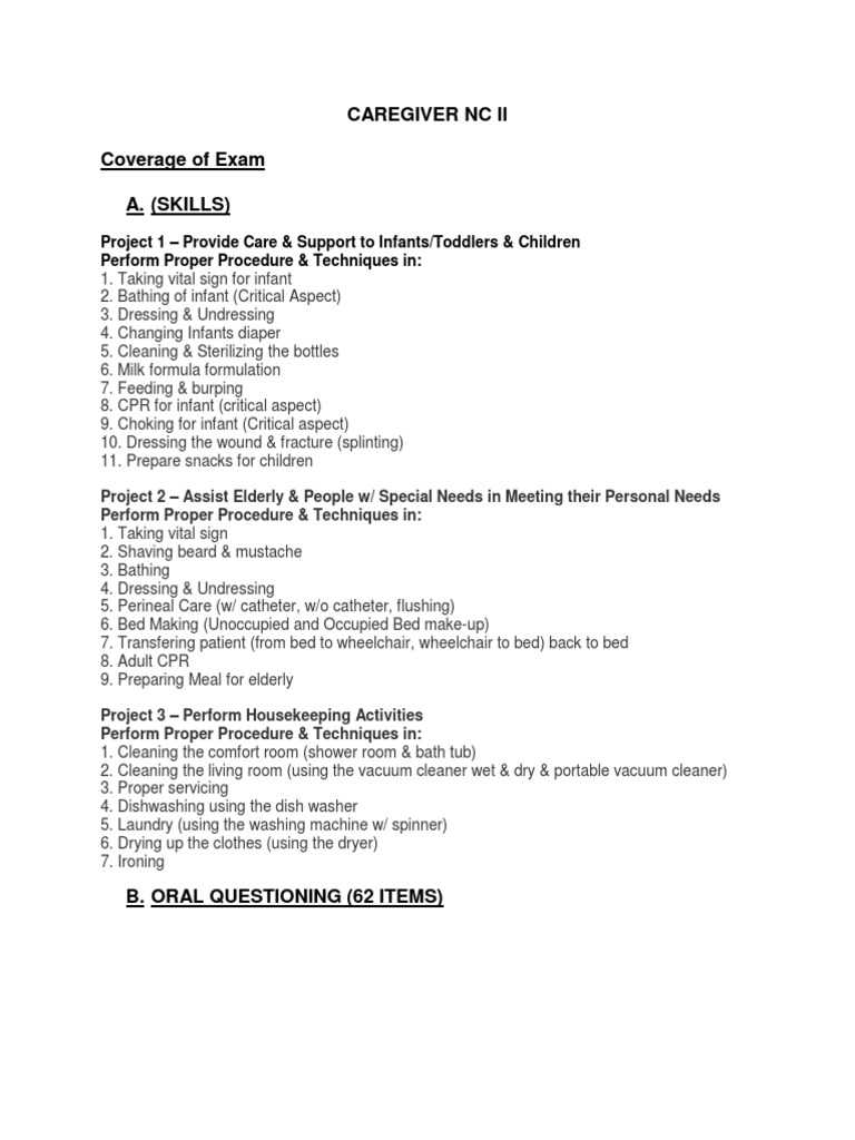 Caregiver NC II Coverage of Exam | PDF