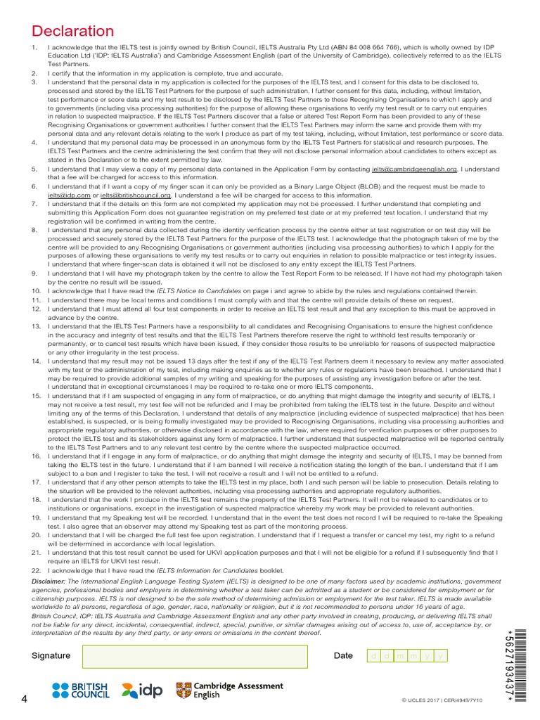 Declaration IELTS 1 | Download Free PDF | International English ...