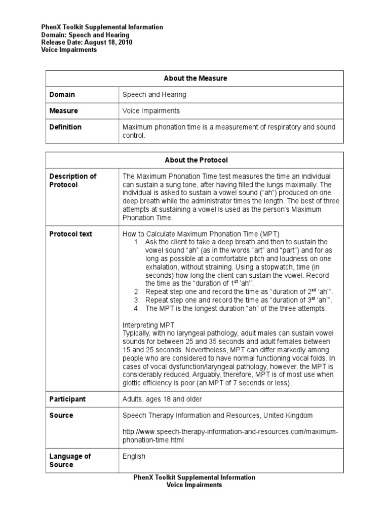 Voice Impairments Maximum Phonation Time | PDF | Human Voice | Larynx