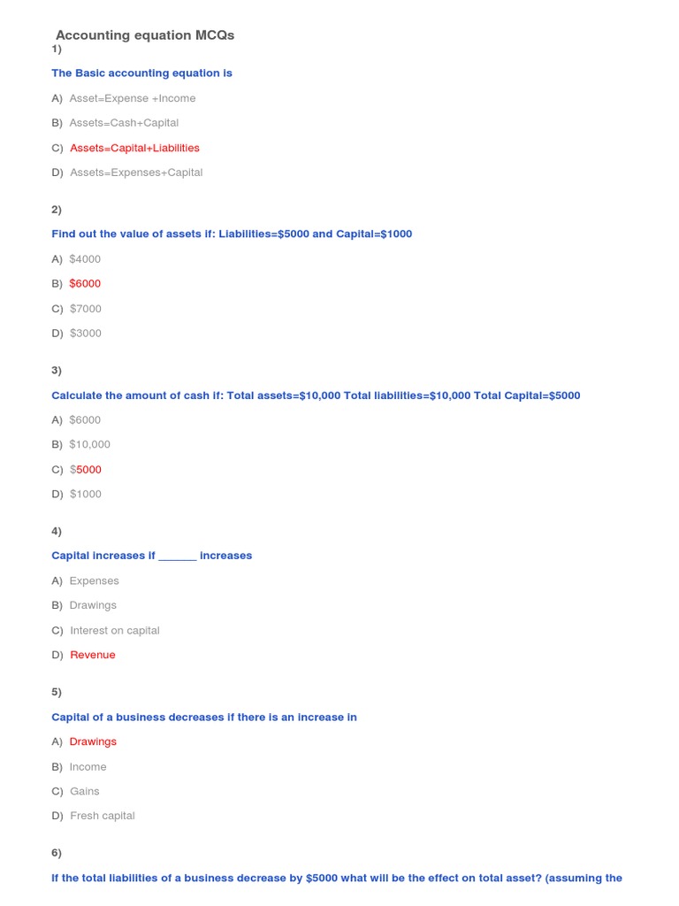 Accounting Equation MCQs | PDF | Expense | Equity (Finance)