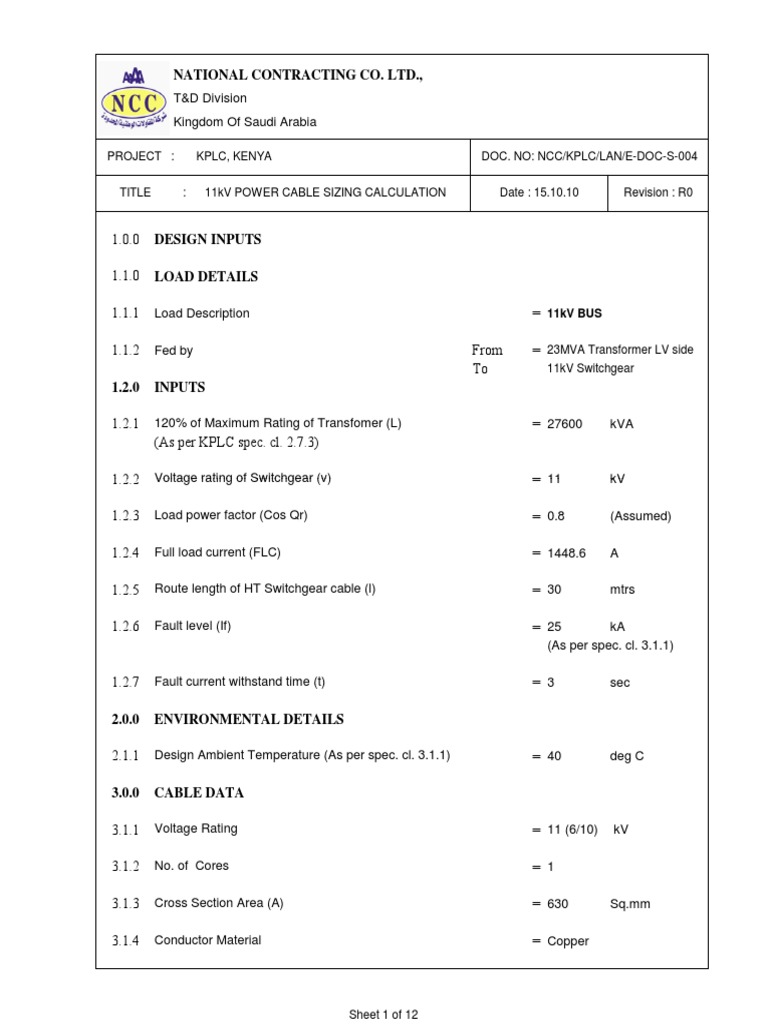 11kV Power Cable Sizing Guide | PDF | Electrical Resistivity And ...