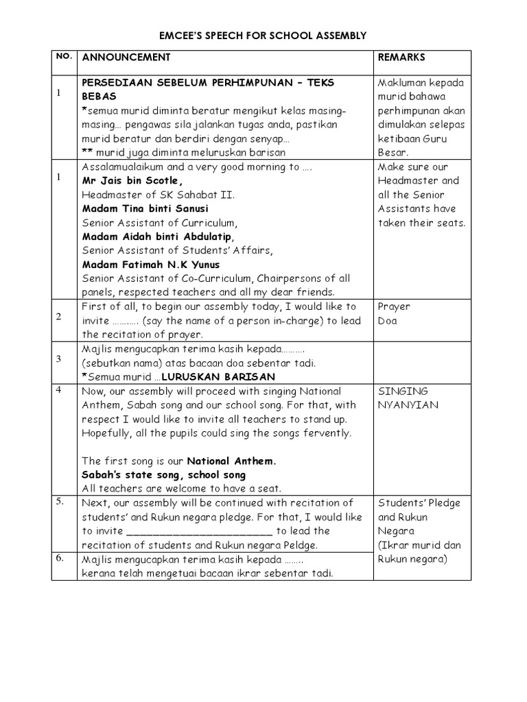 Skrip Emcee Perhimpunan (Dwi Bahasa) | PDF