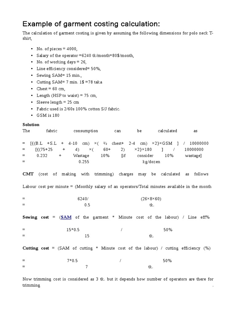 Example of Garment Costing Calculation | PDF