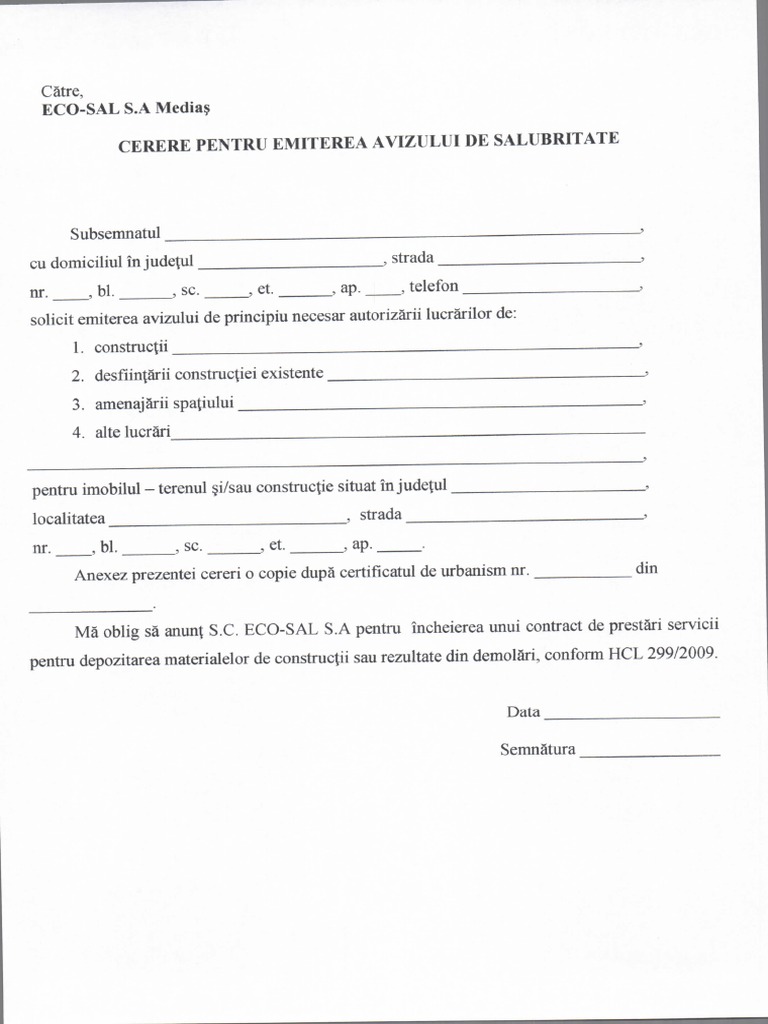 Cerere Aviz Salubritate Anexa | PDF