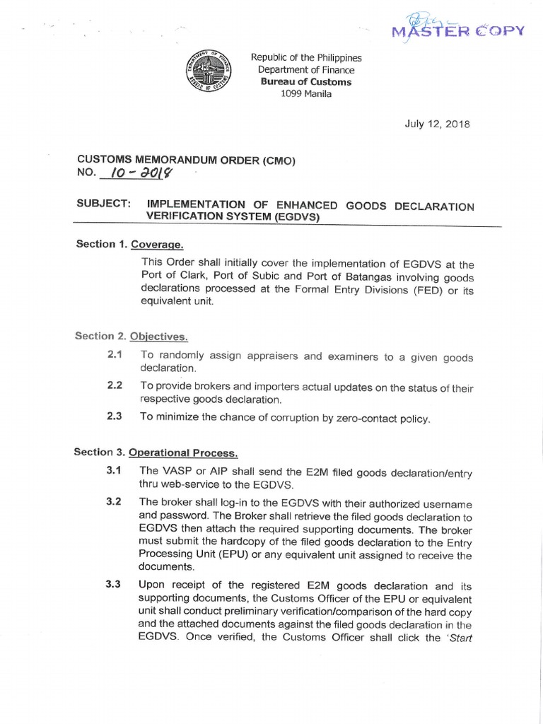 BOC CMO-10-2018 - Implementation of Enhanced Goods Declaration Verification System EGDVS | PDF