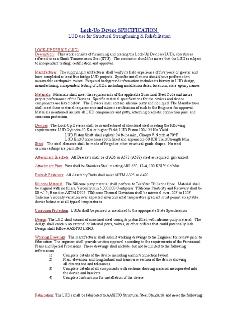 Lock-Up Device Specification Guide | PDF | Structural Steel | Silicone