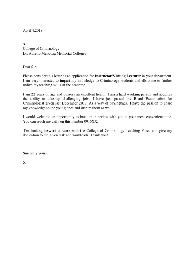 Criminology Graduate Application Letter For Instructor | PDF ...