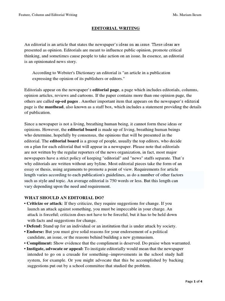 Newspaper Editorial Example