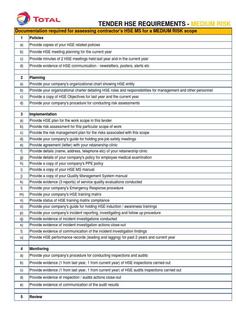 Tender HSE Requirements - DW1562 | PDF | Audit | Risk
