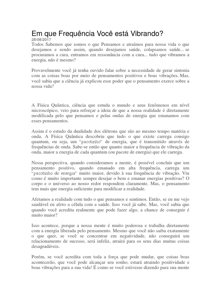 Em que frequência você está vibrando? | PDF | Pensamento | Átomos