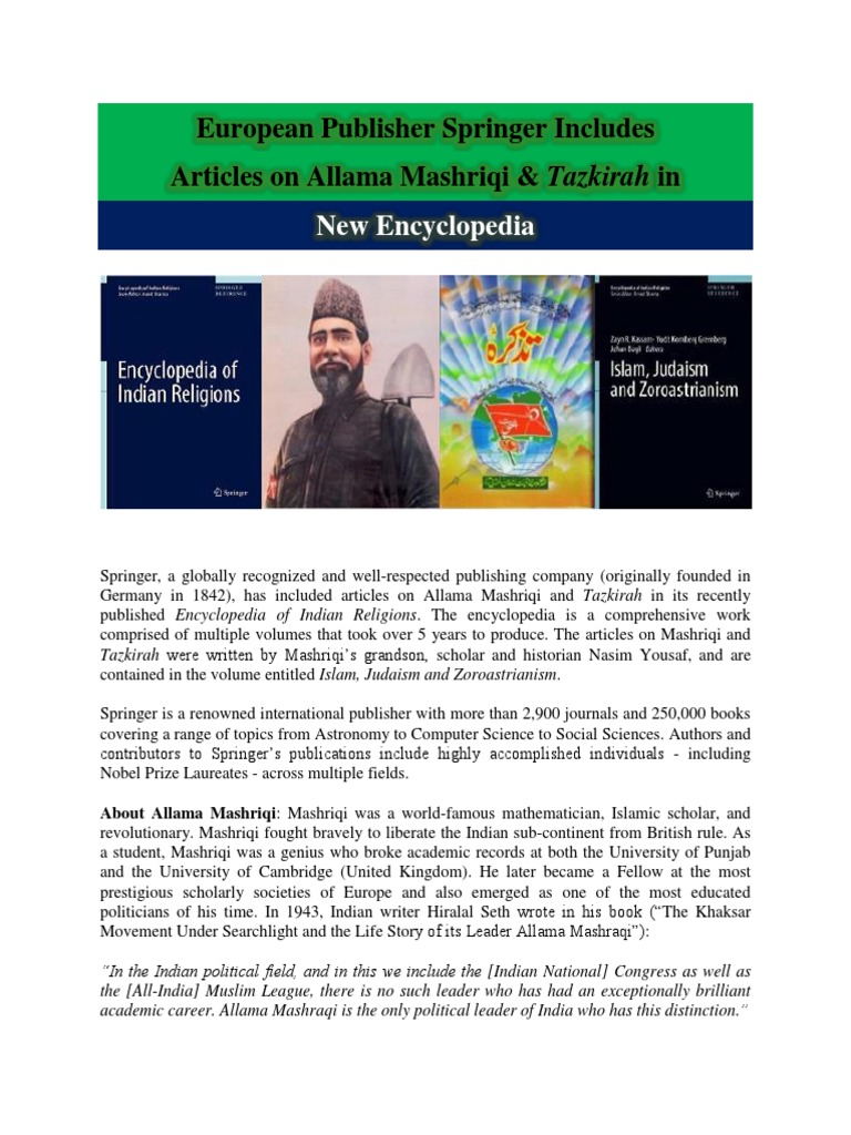 European Publisher Springer Includes Articles On Allama Mashriqi ...